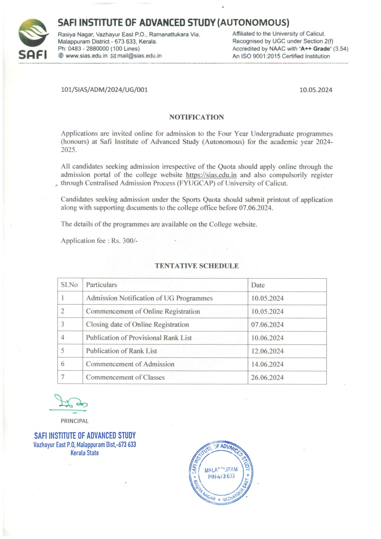 Admission | SAFI Institute of Advanced Study (Autonomous)